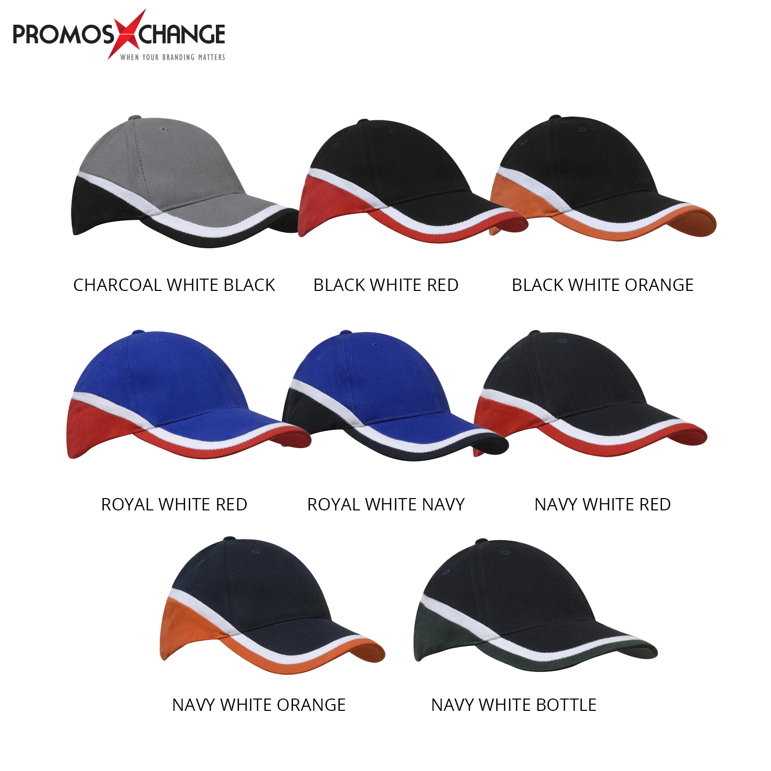 Brushed Heavy Cotton Pre - Curved Peak Tri-Coloured Cap - Promotional ...